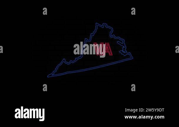 Glowing neon line Virginia state lettering isolated on black background ...