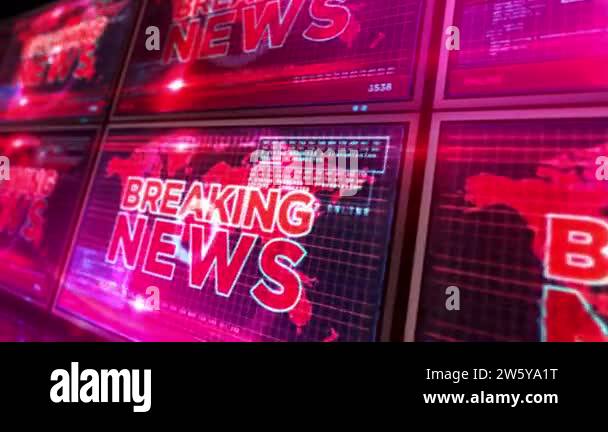 Breaking News on moving computer screens loop. Broadcast, live media ...