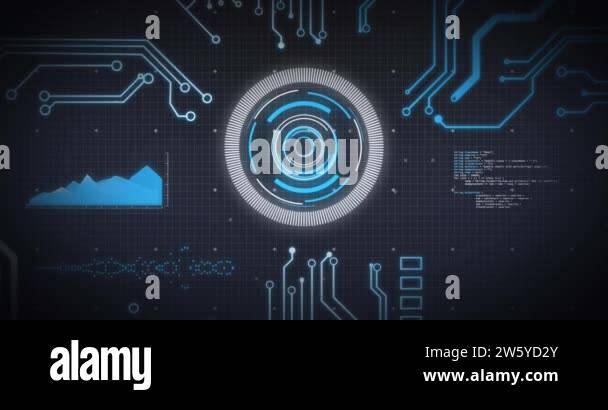 Animation of scope scanning and computer circuit board with data processing. global connections ...