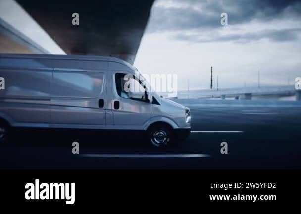 3d generic white delivery van on highway. Very fast driving. Delivery ...