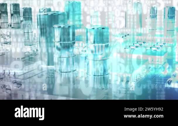 Animation of floating numbers and blue shapes in the background. digital interface global ...