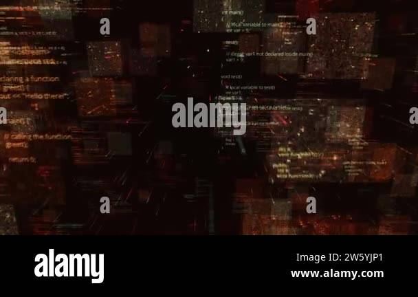 Digital program codes moving asymmetrically on a dark screen. Animation. Visualization of the ...