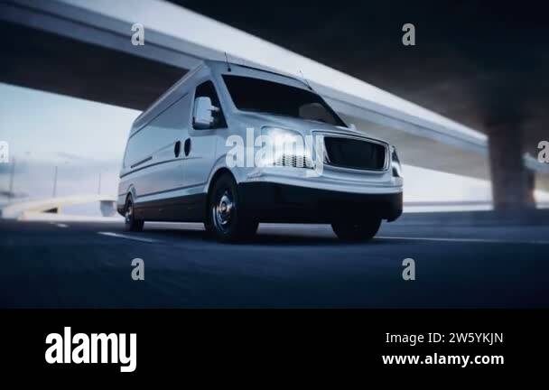 3d generic white delivery van on highway. Very fast driving. Delivery ...