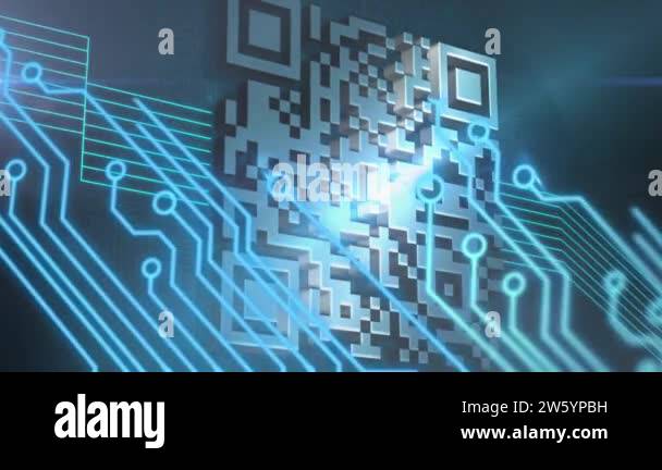 Animation of blue microprocessor connections with a qr code. digital interface global ...