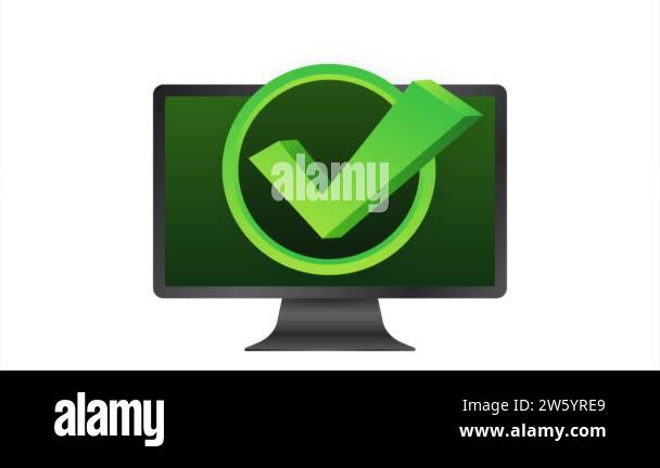 Computer with checkmark or tick notification in bubble. Approved choice ...