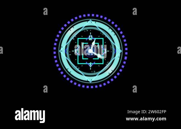 Animation of scope scanning with clock over black background. global connections, data ...