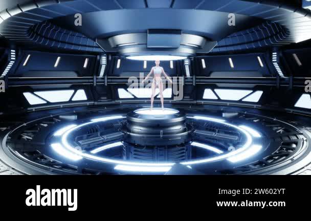 Female robotic droid in sci fi futuristic metall room. Future concept ...