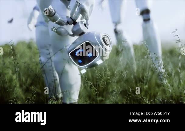 mother robot with her baby robot in the meadow on the background of a ...