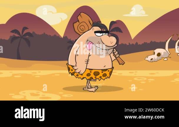 Caveman Funny Cartoon Character With Club Walking. 4K Animation Video ...