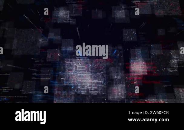 Digital program codes moving asymmetrically on a dark screen. Animation. Visualization of the ...