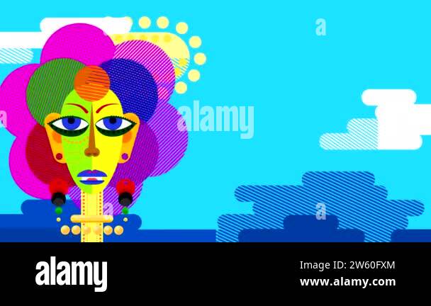 Abstract painted girl head with multi-colored face elements, rotating ...