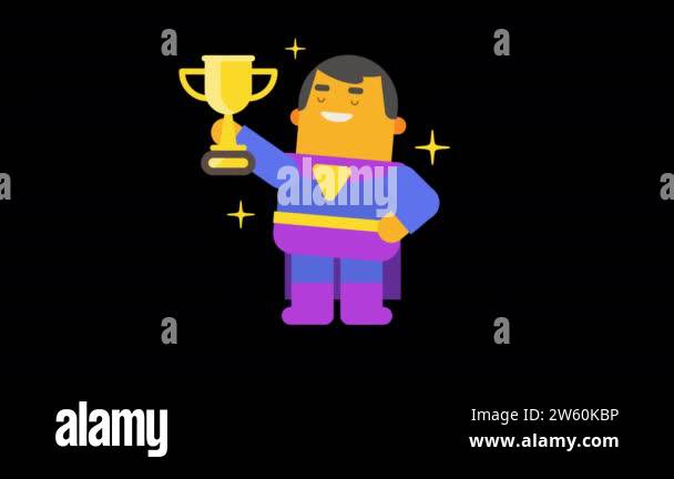 Superhero holds gold cup and smiles. Alpha channel. Looped animation ...