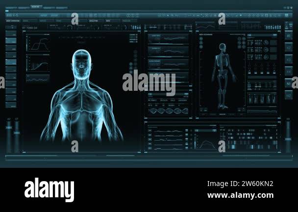 Blue futuristic Interface showing analysis of human male anatomy scan ...