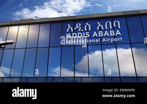 Jet aircraft landing at Addis Ababa, Ethiopia 3D rendering animation. Arrival in the city with ...