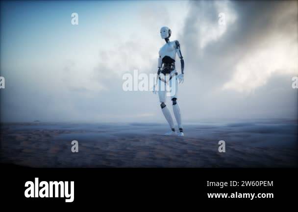 Female robot and futuristic city background. Future concept. Realistic ...