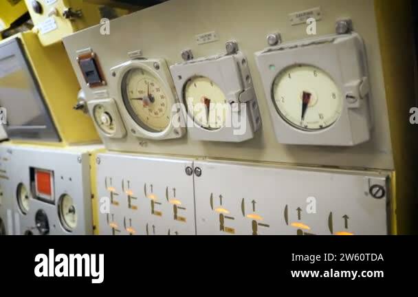 Submarine control panel. Pressure gauges with notation. Levers and ...