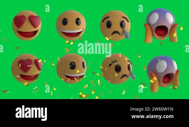 Animation of confetti falling over two rows of emoji emoticon icons on ...