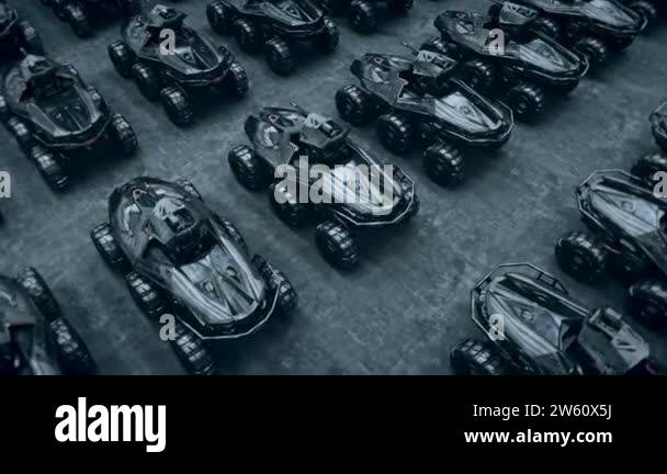 Futuristic military tanks in military base. Realistic 4k animation ...