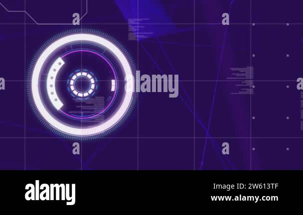 Animation of circular scope scanning with information and purple shapes moving behind on black ...