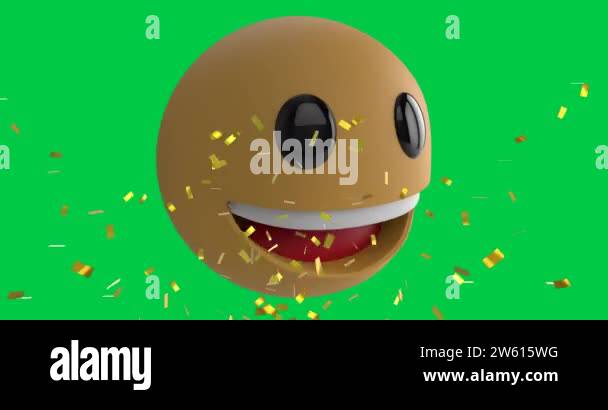 Animation of confetti falling over smiling emoji emoticon icon over green screen. global social ...