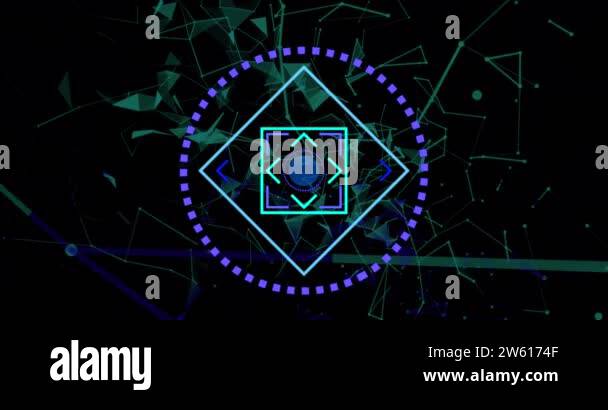 Animation of circular scope scanning with floating shapes and connected points on black ...