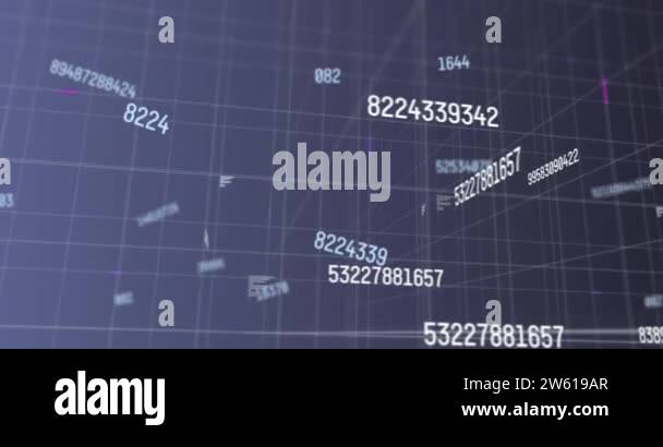Digital animation of multiple changing numbers on grid network against blue background. school ...