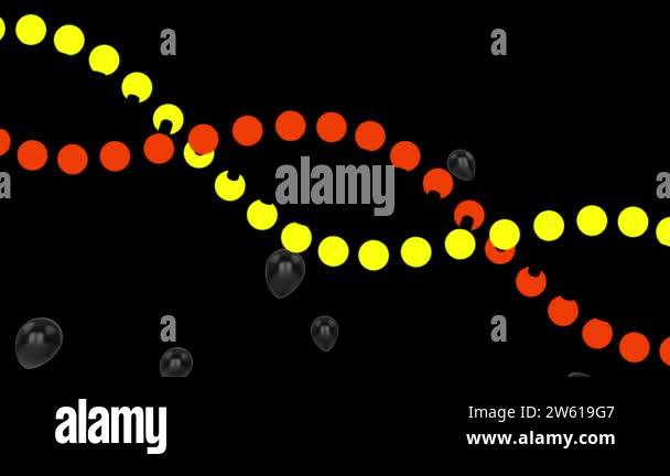 Animation of flying black balloons and spinning dna strand over black ...