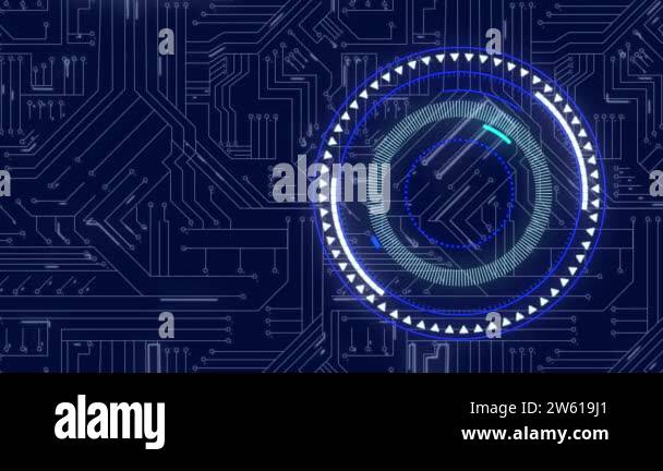 Animation of circular scope scanning over computer motherboard on black. communication ...