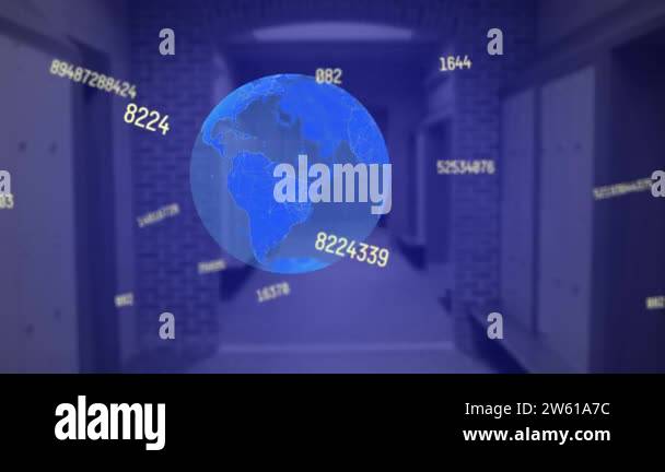 Multiple changing numbers floating over spinning globe against empty school corridor. school and ...