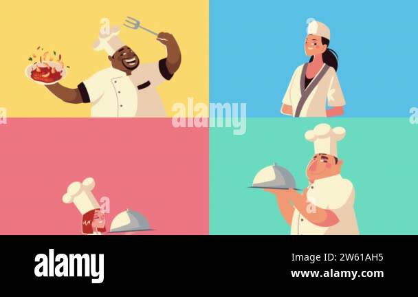 interracial chefs workers group comic characters animation Stock Video ...