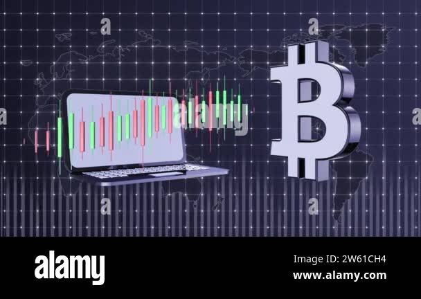 Financial background with a bitcoin symbol and moving candlestick chart ...
