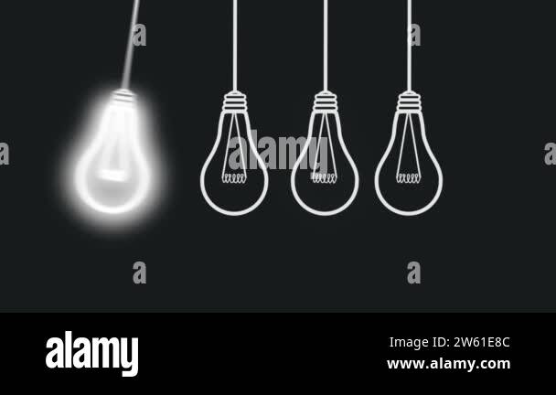 Four animated bulbs hanging in a row and hitting each other causing ...