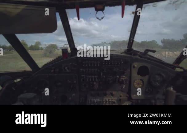 Inside view military abandoned plane cabin dusty dashboard cockpit ...