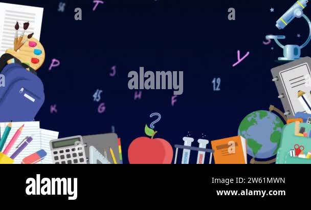 Digital animation of school concept icons against multiple numbers and ...