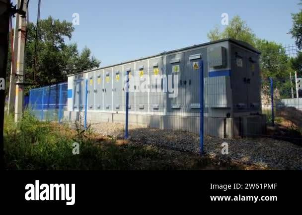 Motion to electric transmission substation on village street Stock ...