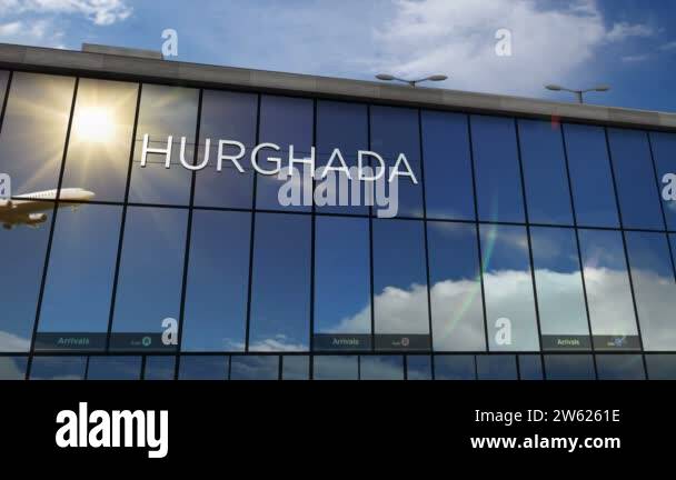 Jet aircraft landing at Hurghada, Egypt 3D rendering animation. Arrival in the city with the ...