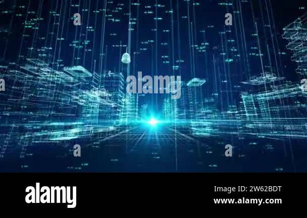 3D Lines through digital binary city Loop Background. artificial ...