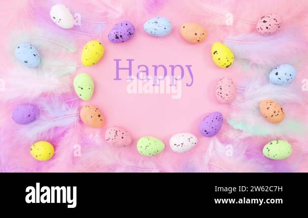 Happy Easter write inside of vibrant frame with eggs and feathers on ...