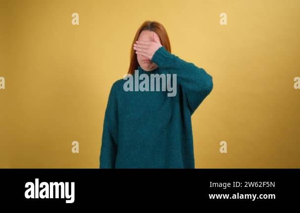 Dont want to look at this. Young woman avoiding watch something ...