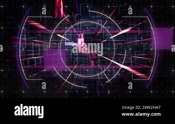 Digital animation of neon round scanner and data processing against black background. computer ...