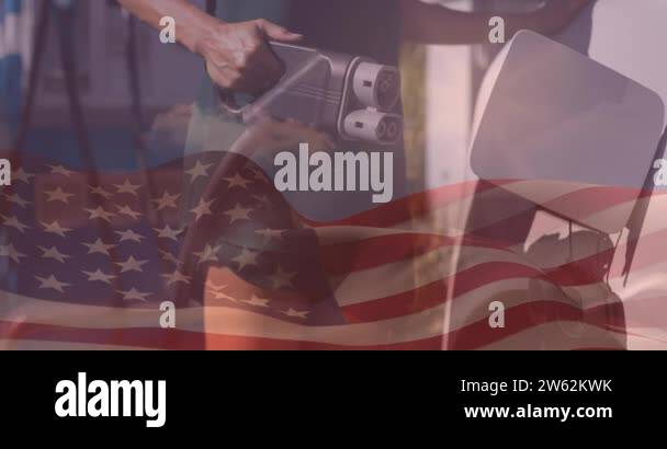 Flag of united states of america over woman charging electric car. ev ...