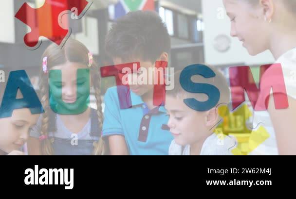 Animation of colourful puzzle pieces and autism text over school ...