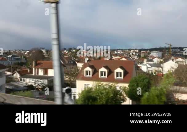 Suburban Neighborhood Town Row Houses. POV View out of RER Train Window ...