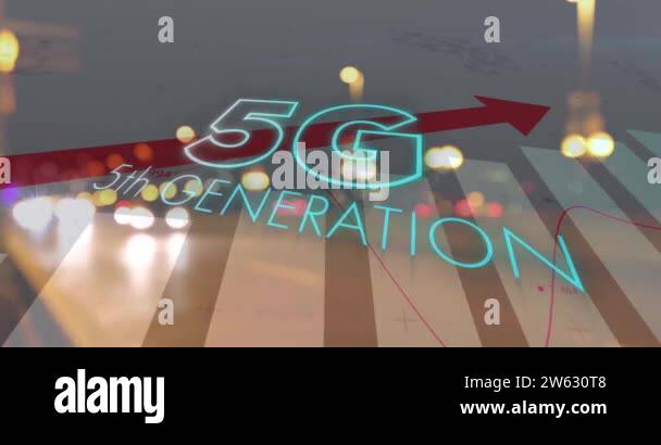 Animation of 5g 5th generation text over arrow pointing up with statistics and cityscape ...