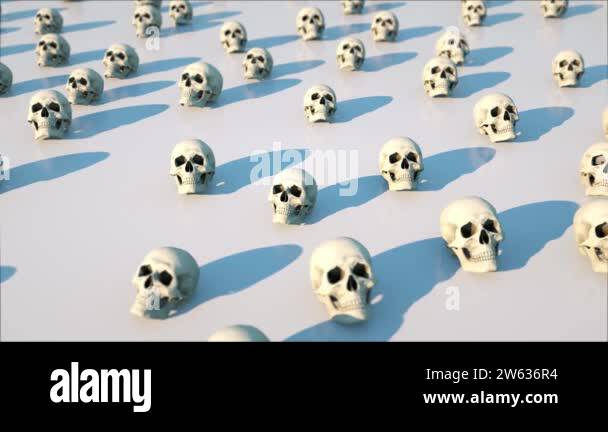 3D loopable animation of human skulls representing human extintion, end ...