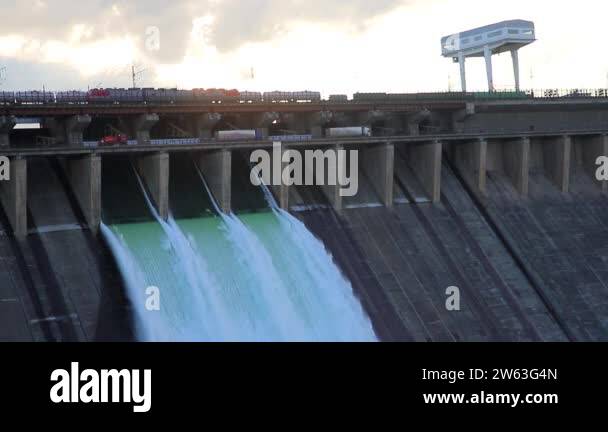 Water discharge at the Bratsk hydroelectric power station. Close-up ...