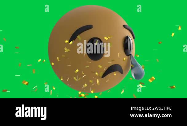 Animation of confetti falling over crying emoji emoticon icon on green ...