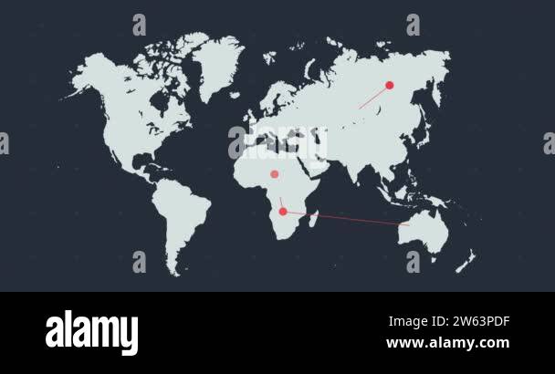 Pale grey world map with moving red network of connected points on dark ...