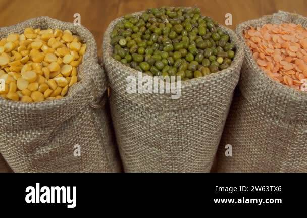 Rich source of protein - Different Dals / lentils kept in jute sacks in ...