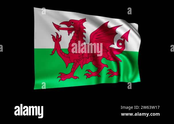 The flag of Wales animation, Baner Cymru 3D waving Welsh flag on black ...
